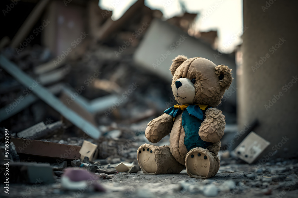 Alone Teddy bear lies rubble of house. Concept destroy life of baby ...