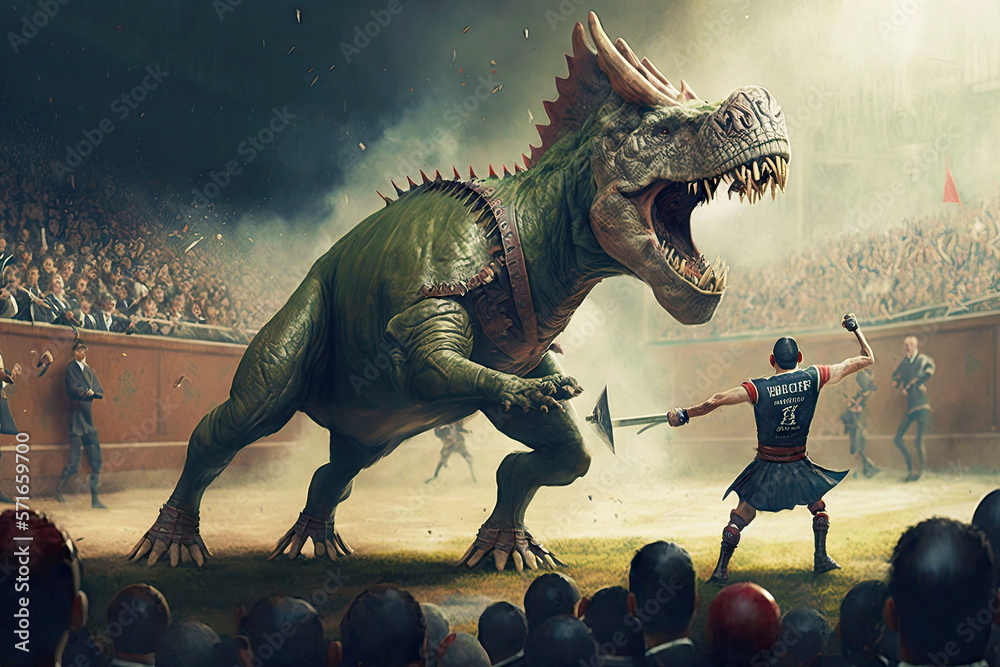 dinosaur fights with man in stadium on forest clearing, generative ai ...
