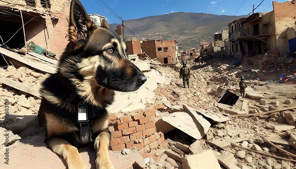 dog with collapse and destruction of building behind, idea for k9 dog ...