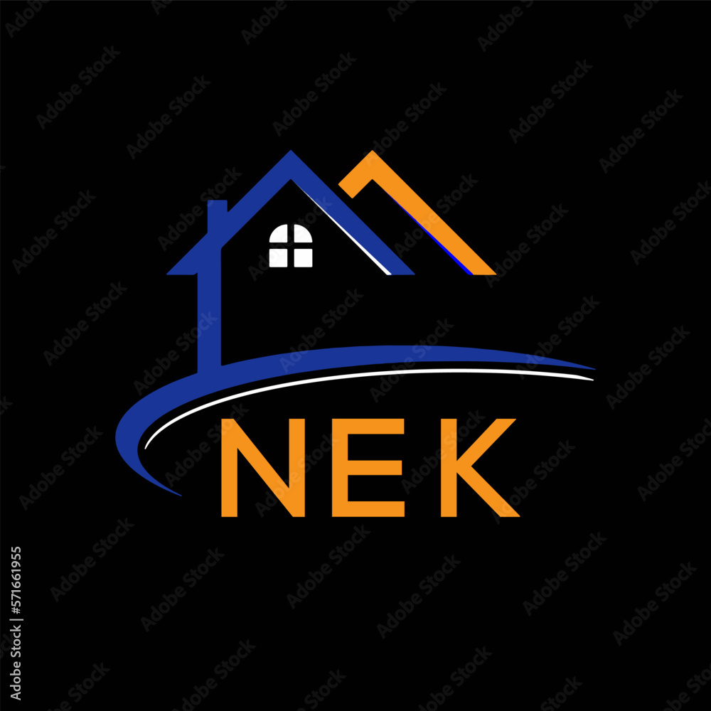 NEK house logo, letter logo. NEK blue image on black background and ...