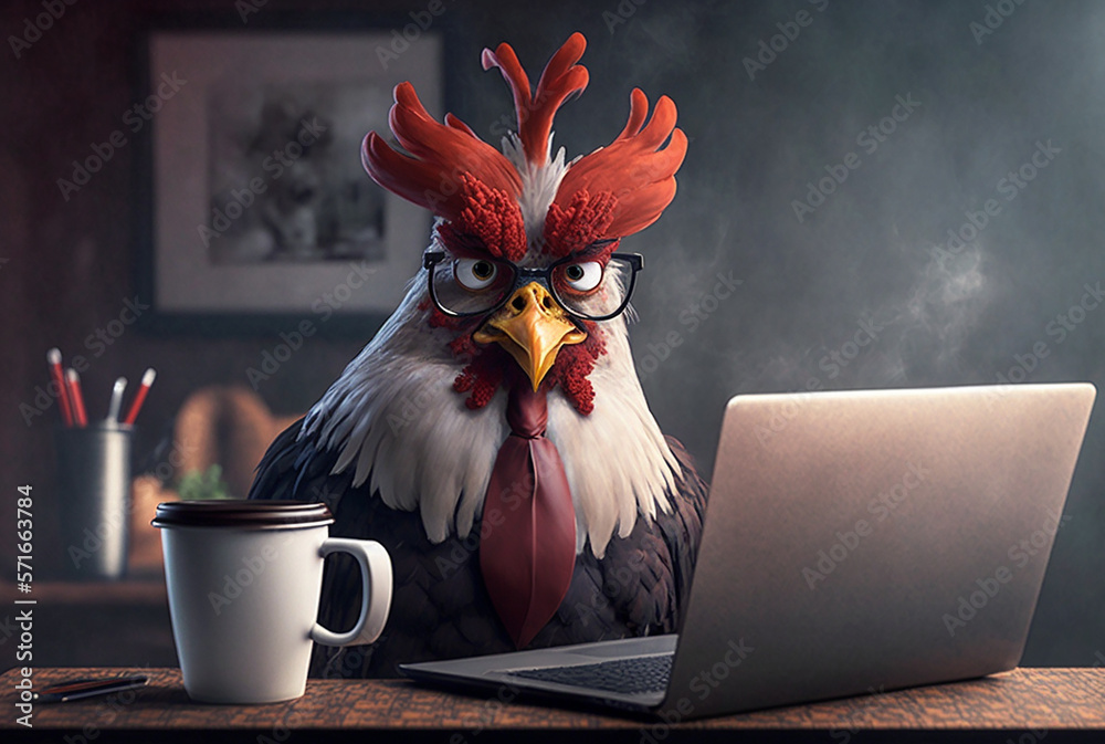 Angry rooster company boss working with laptop in office. Generative AI ...