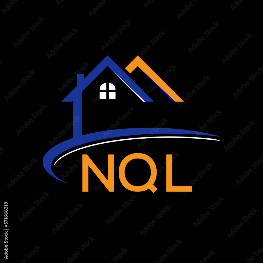 NQL house logo, letter logo. NQL blue image on black background and ...