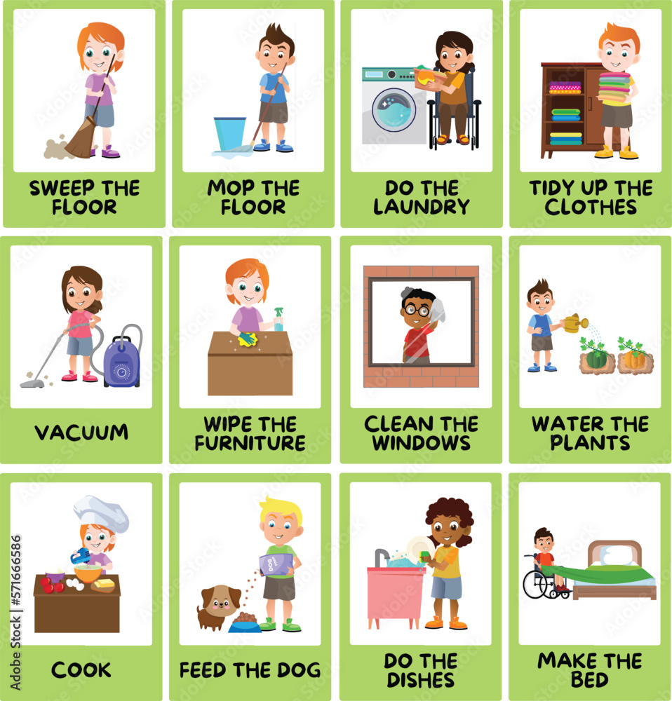 Vecteur Stock Green House Chores Verbs Flashcards, Kids learning ...