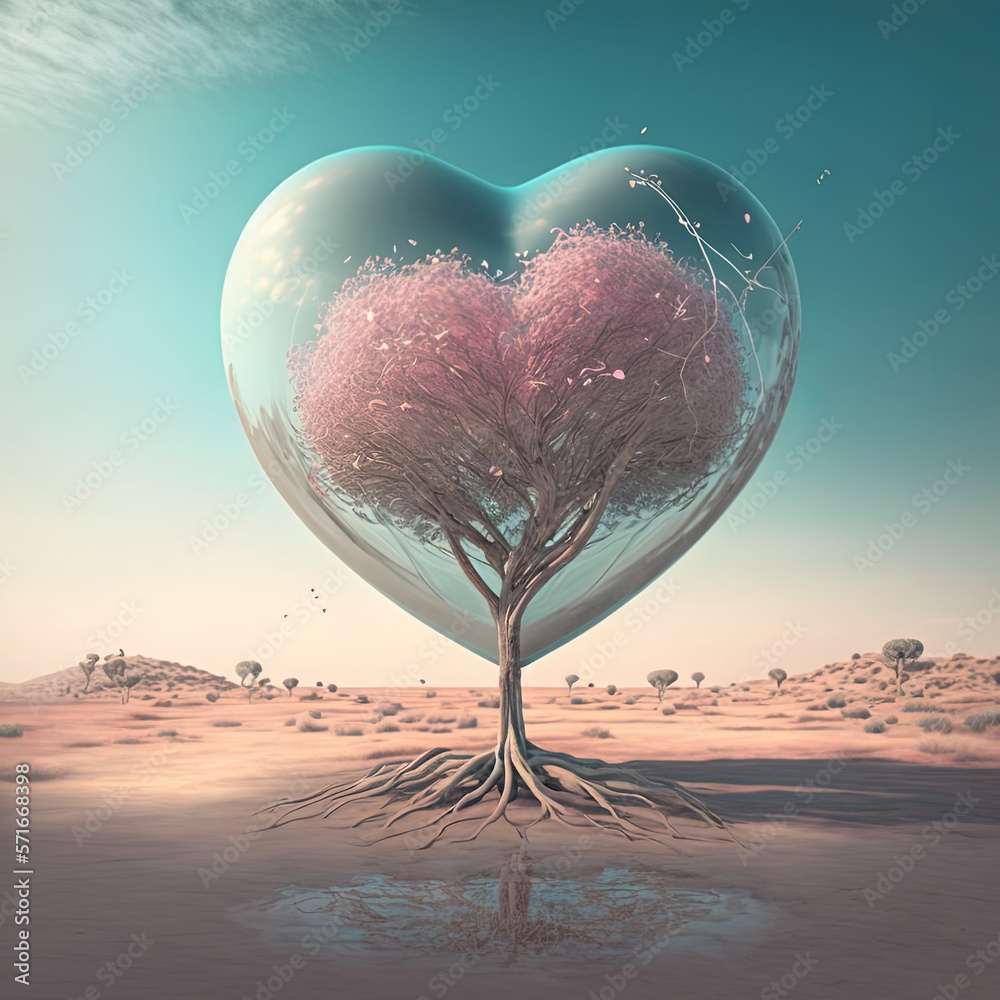 Floating heart balloon with natural trees and mountains, ai generated ...