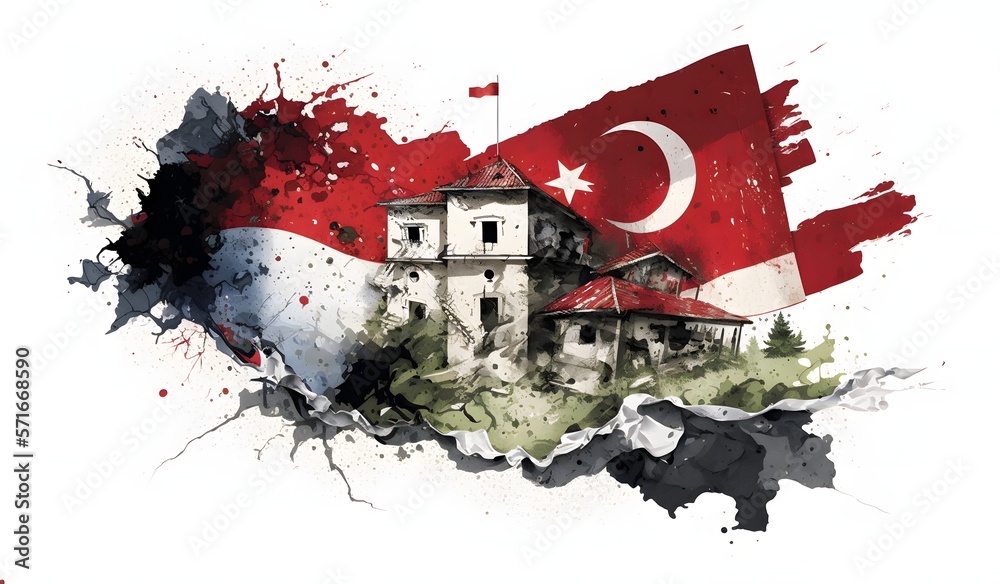 Watercolor turkish huge earthquake a half broke flag and lots of house ...