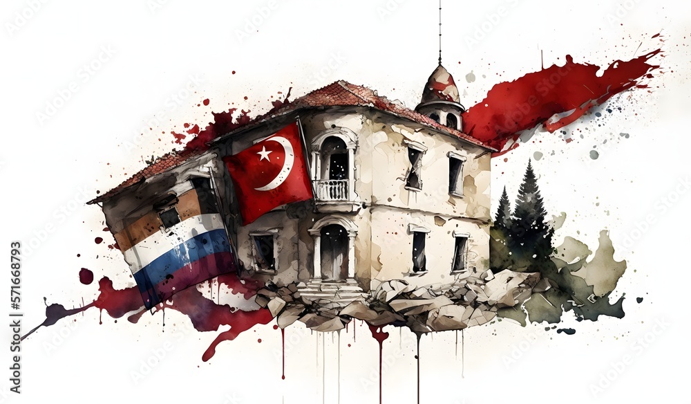 Watercolor turkish huge earthquake a half broke flag and lots of house ...