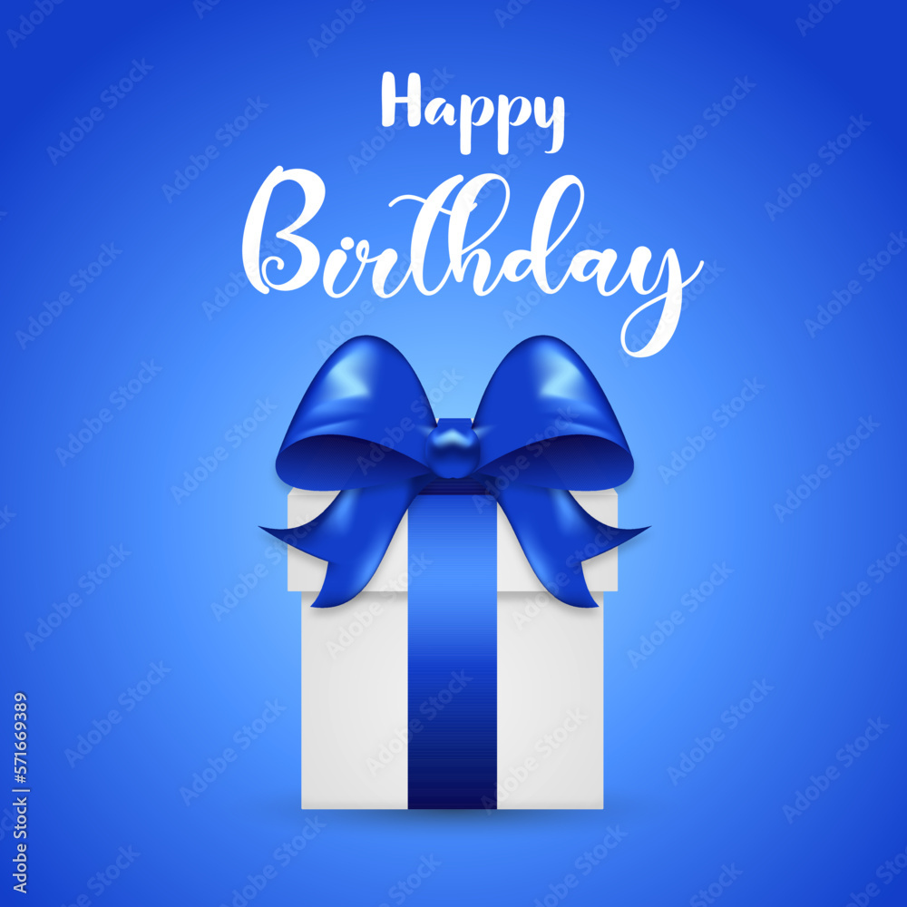Beautiful gift white box with a blue ribbon with the inscription happy ...