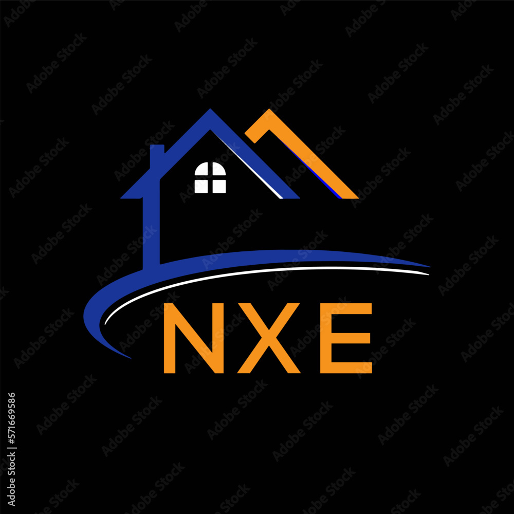 NXE house logo, letter logo. NXE blue image on black background and ...