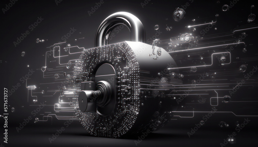 Stealth black and white cyber security padlock concept, technology abstract future background ...