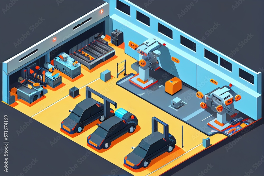 Top View Car Factory with Automated Robot Arm Assembly Line ...
