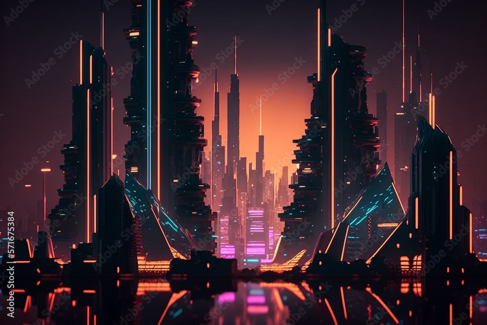 Ilustrace „A futuristic night city in the distance glowing with neon ...