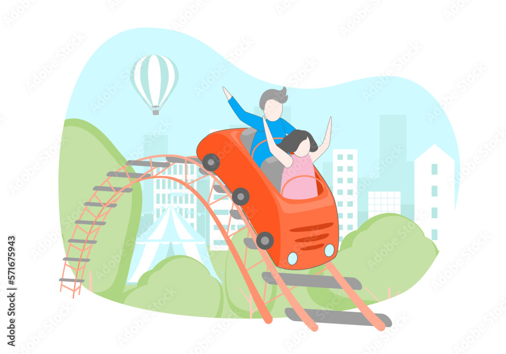 Cartoon Color Characters People and Riding on Roller Coaster Amusement ...