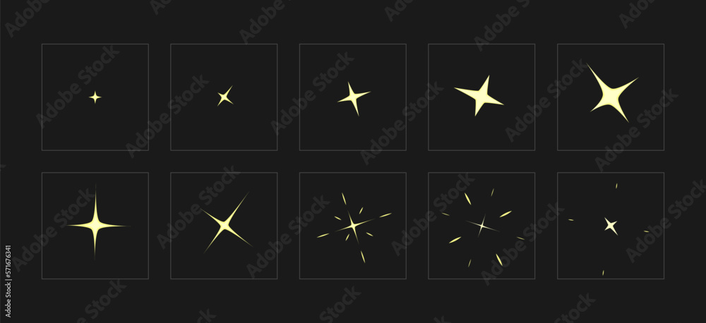 Cartoon Different Shine Sparkle Animation Effect Set on a Black ...