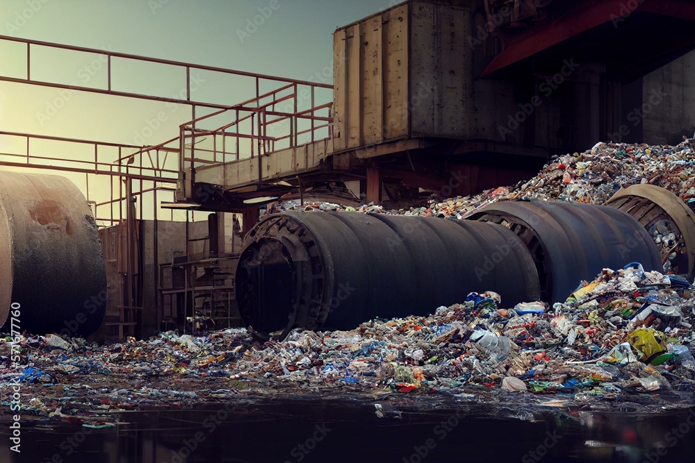 Conveyor belt at recycling plant transports garbage inside drum filter ...