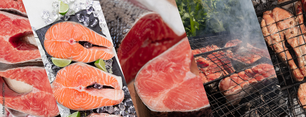 Set of different photos of raw trout fish steaks. Step by Step photo ...