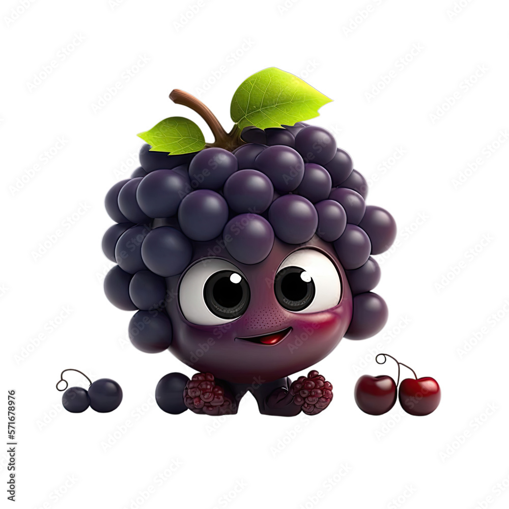 On a white background, isolated, incredibly cute 3D grape character ...