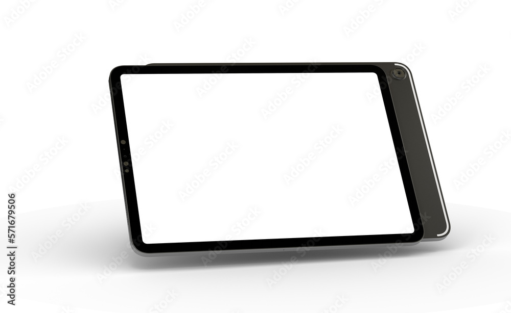 Blank screen realistic tablet frame, rotated position, side view, top ...