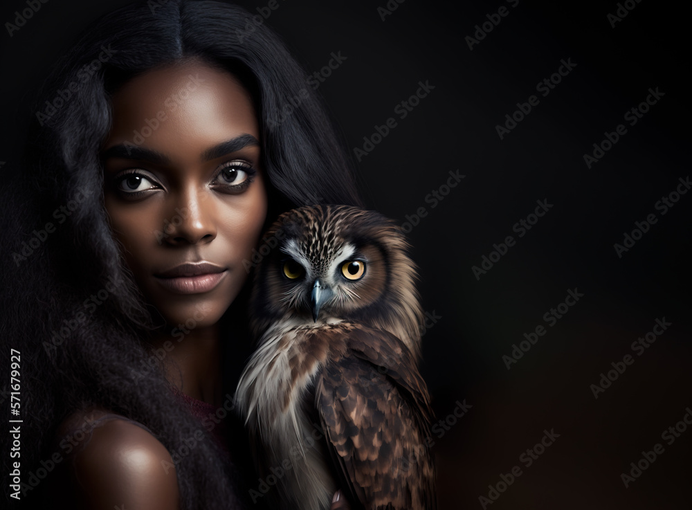 Beautiful dark haired black model woman holding an owl very close to ...
