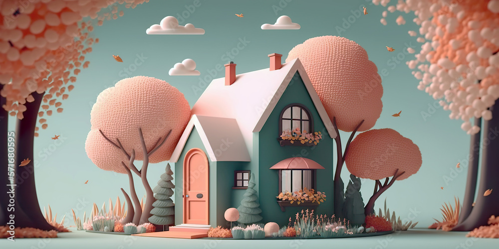 Eco House with bushes, tall trees, tidy environment. A pleasant ...