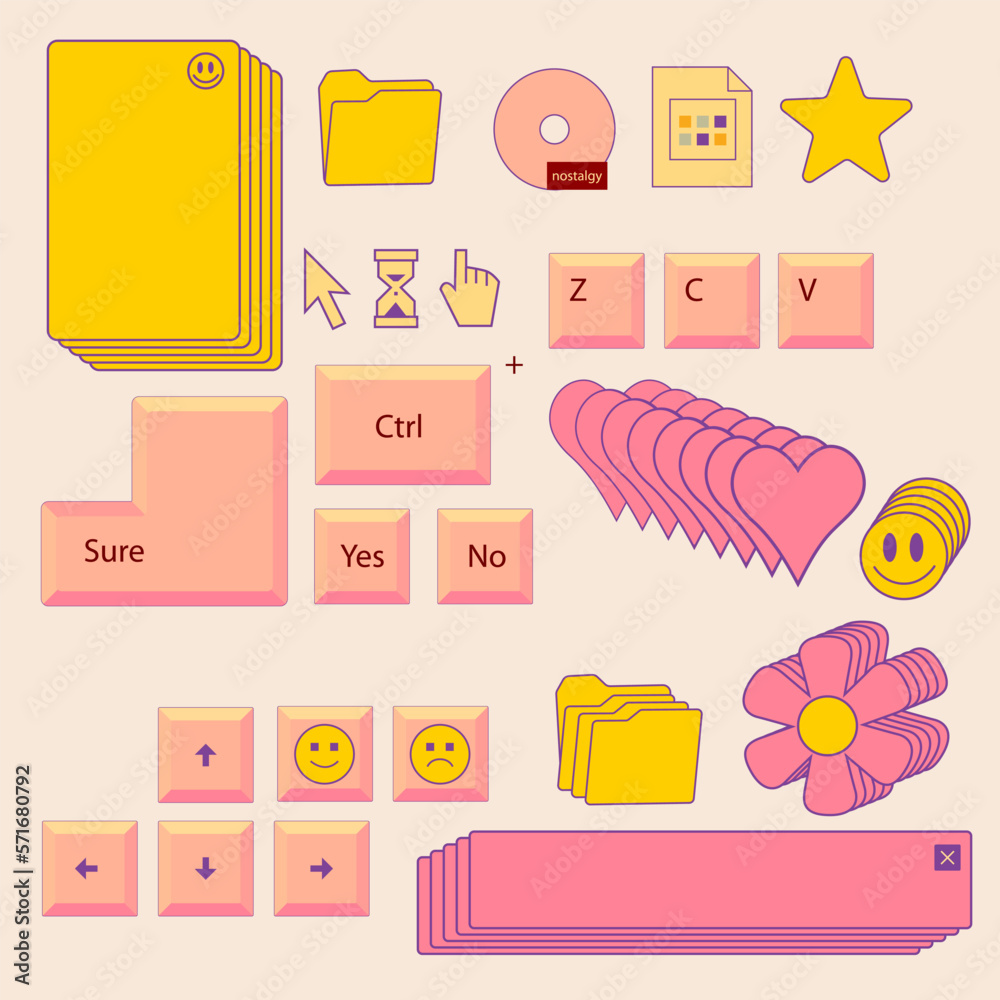 Retro message box, keyboard buttons, icons. Old user interface. Old ...