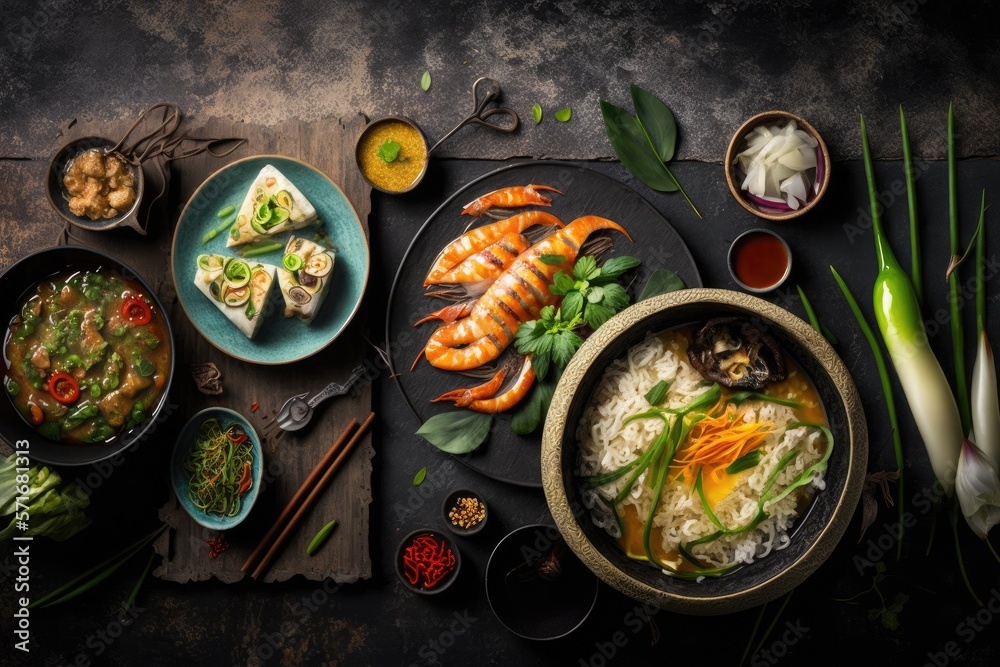 Various of asian meals on rustic background , top view , place for text ...