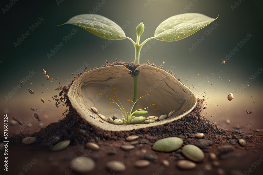 Germinating seed inside view closeup with seeds shooting up, leaves ...