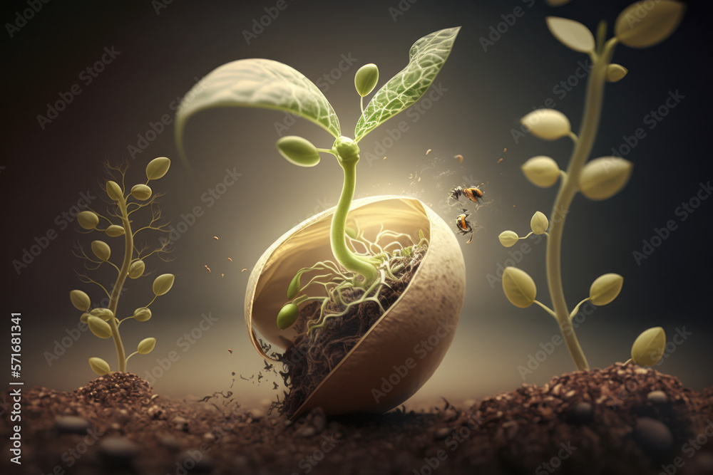 Germinating seed glowing with seeds shooting up, leaves full of life popping out of dirt and in ...