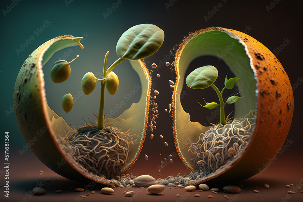 Germinating seed with seeds shooting up, leaves full of life popping ...