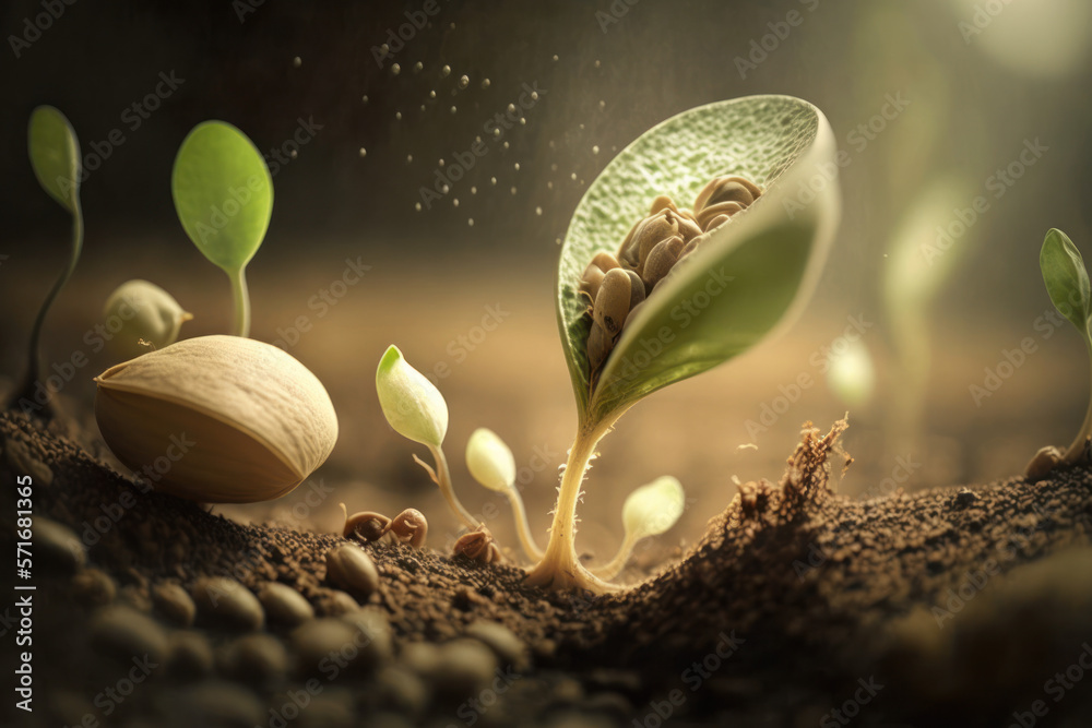 Germinating seed with seeds shooting up, leaves full of life popping ...