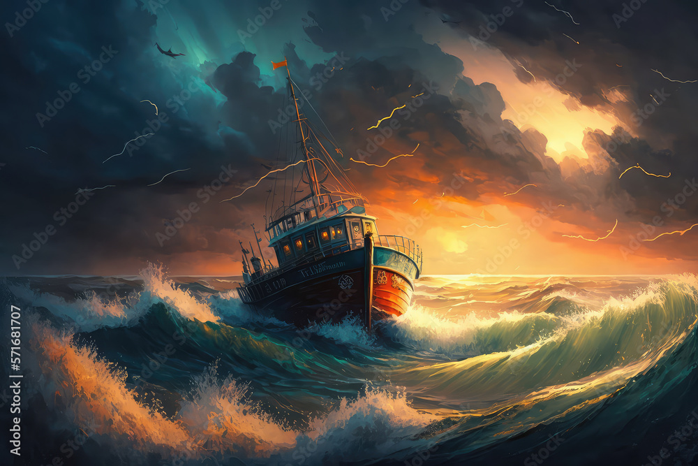 illustration painting Pirate ship navigating during a storm. Thunder ... illustration painting Pirate ship navigating during a storm. Thunder ...