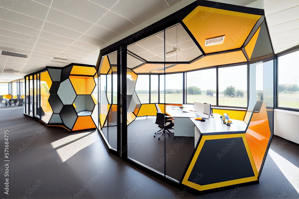 Huge bright office space with hexagonal windows, glass partitions. Generative AI. Stock ...