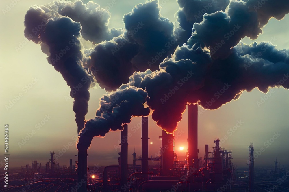 Pollution of the planet earth. Oil production, pipes with smoke, a drop ...