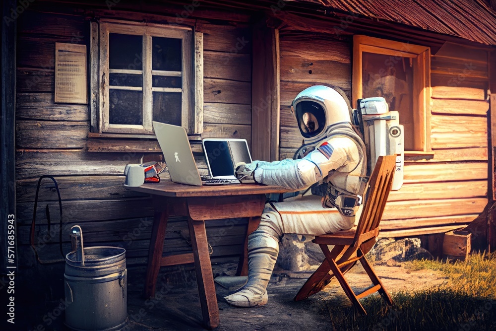 astronaut wearing spacesuit is a hucker, sitting before huge vintage ...