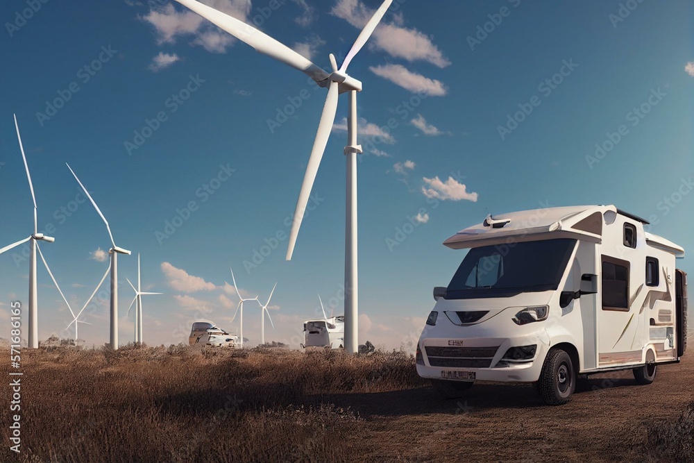 Motorhome near wind turbines eolic renewable energy. Generative AI ...