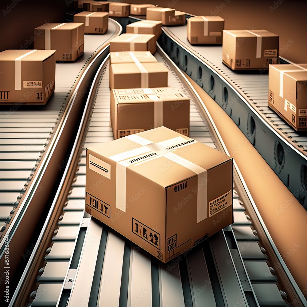 Cardboard boxes on a conveyor. Inventory, delivery of goods, mail ...