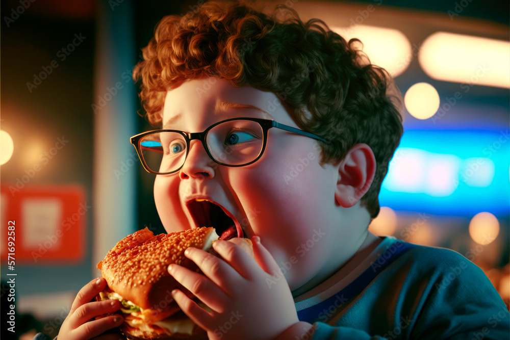 Very fat American kid taking a bite of a hamburger outdoors at night in ...