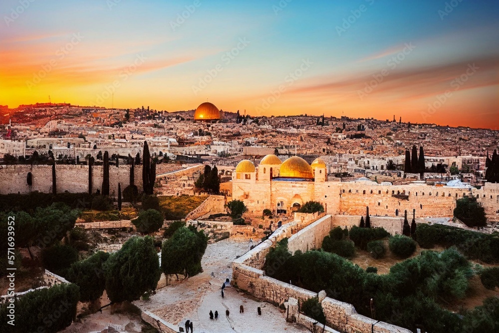 Beautiful sunset view of Old City Jerusalem, the Dome of the Rock, the ...