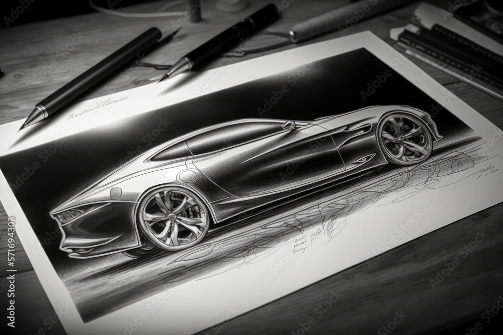 rendering illustration of sports car design pencil sketch on table with ...