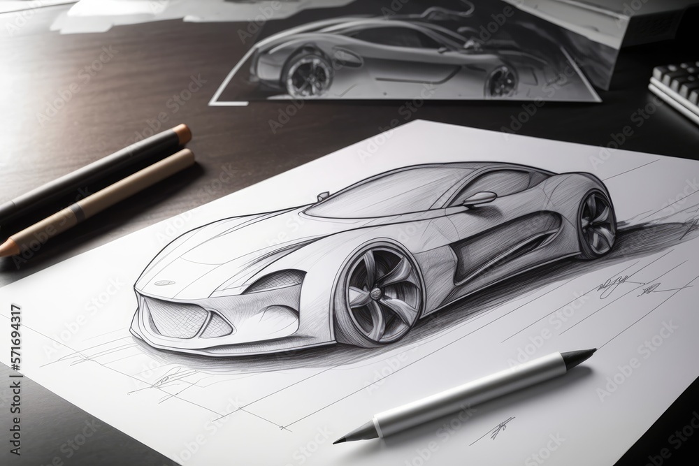 rendering illustration of sports car design pencil sketch on table with ...