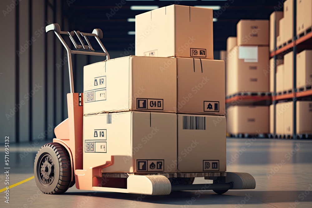 Large cargo shipment pallets. Hand pallet truck with stacked cardboard ...