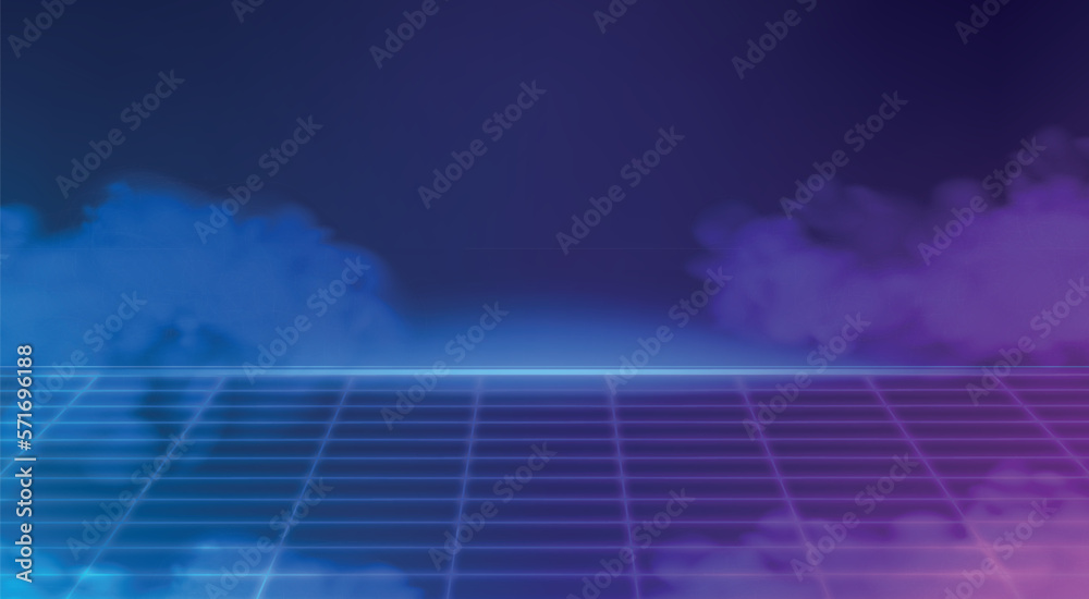 Synthwave background. Dark Retro Futuristic backdrop with blue perspective grid and sky full of ...