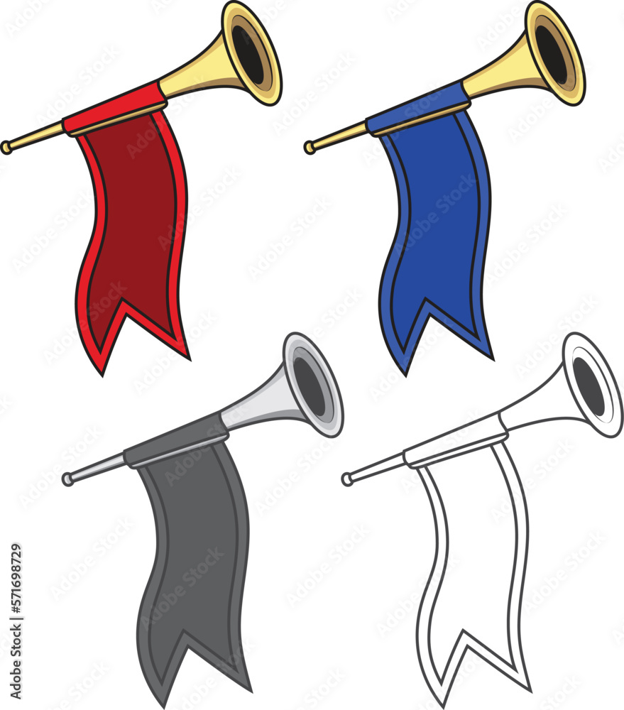 Fanfare trumpets bugles with four different colour vector illustration ...