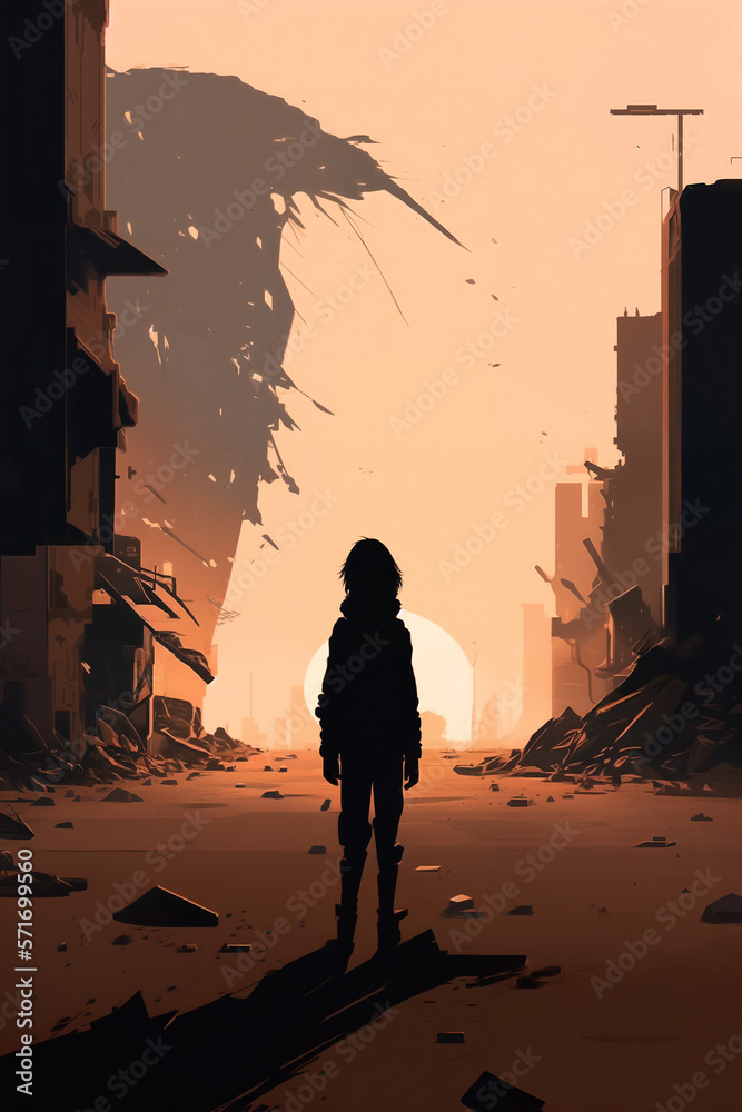Falling building in the ruined city and silhouette of a child, ai ...