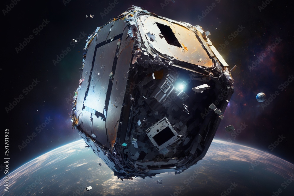 Close-up view of a piece of space junk floating in the void of space ...