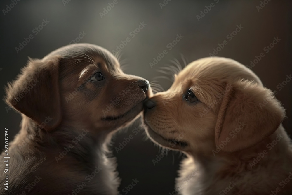 Ilustración generada en IA de 2 perros cachorros dandose un beso ...