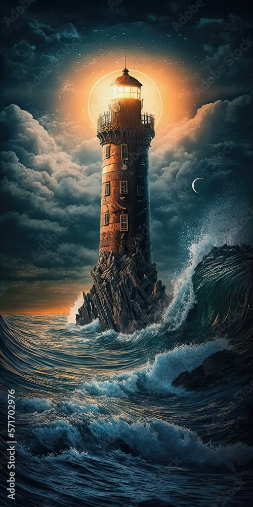 ai generative, illustration of a lighthouse in a wavy ocean in the late ...