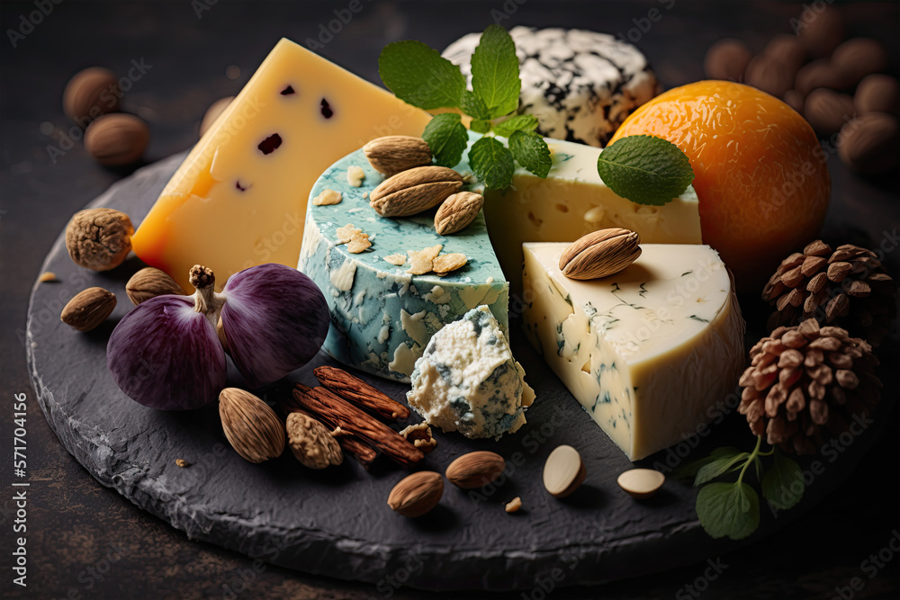 A close-up shot of a gourmet cheese platter with a variety of artisan ...