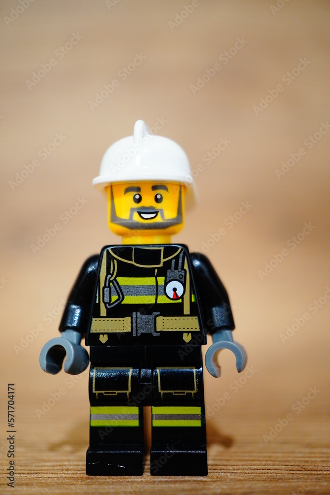 Lego firefighter with helmet and beard Stock Photo | Adobe Stock