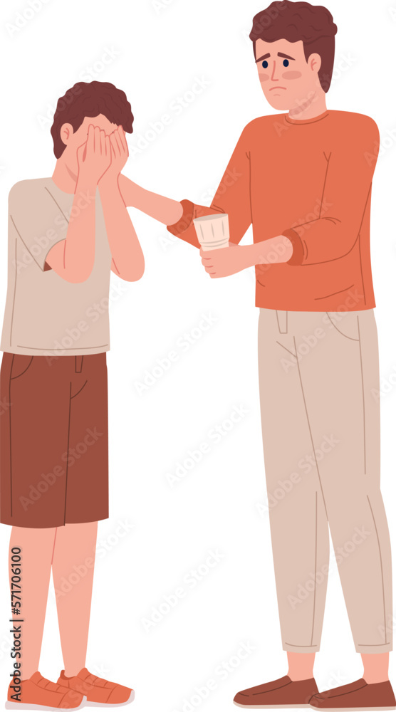 Worried father comforting son with glass of water semi flat color ...