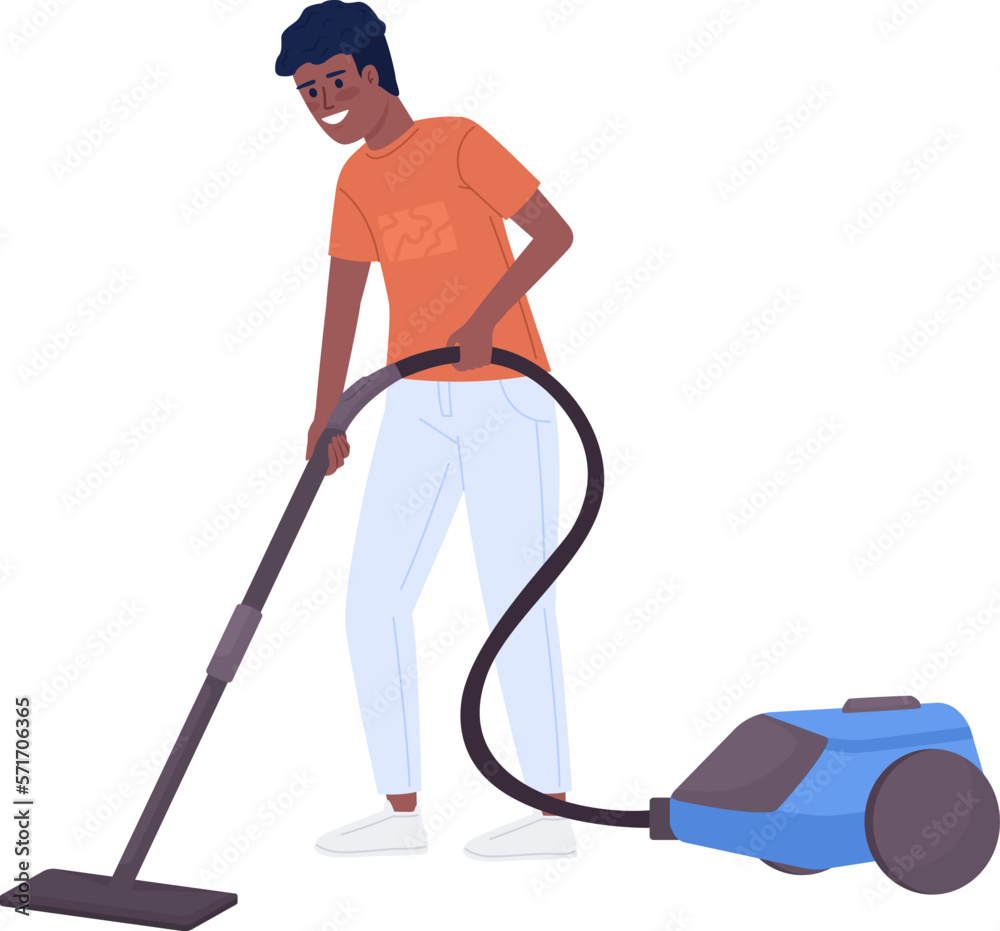 Smiling teenage boy vacuuming at home semi flat color vector character ...